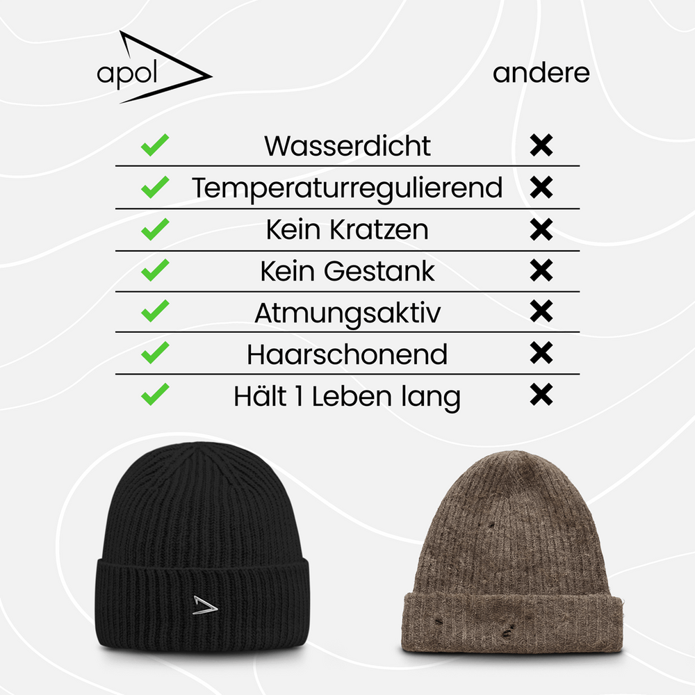 apol MERINO MÜTZE | 100% wasserdicht + seidiges Innenfutter | schwarz